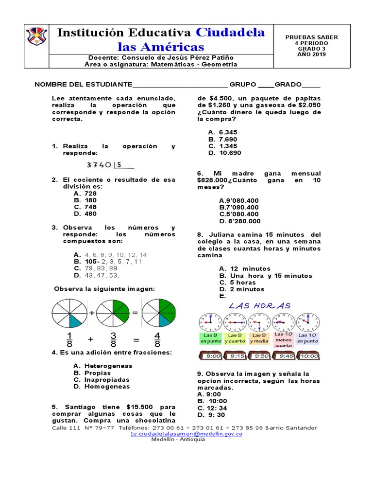 Pruebas Saber Matemáticas Periodo 4 Grado 3 - R | PDF