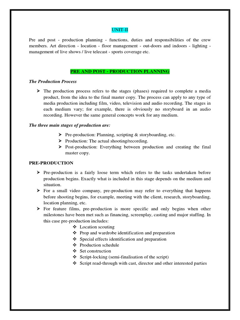Pre and Post - Production Planning | PDF | News Broadcasting | Filmmaking