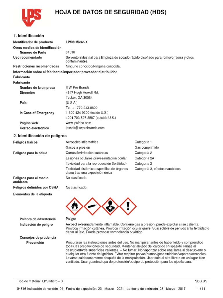 MSDS Limpiador de Contactos Lps-Micro X | PDF