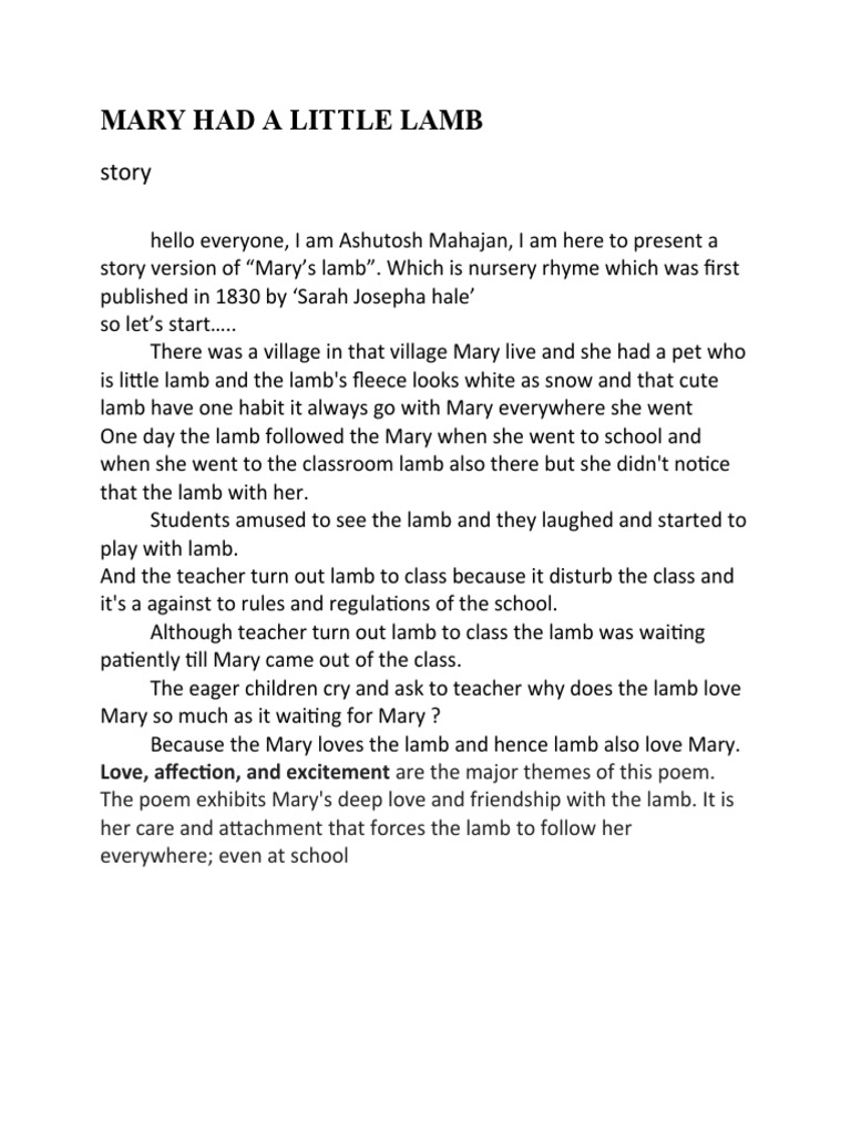 MARY HAD A LITTLE LAMB Story | PDF