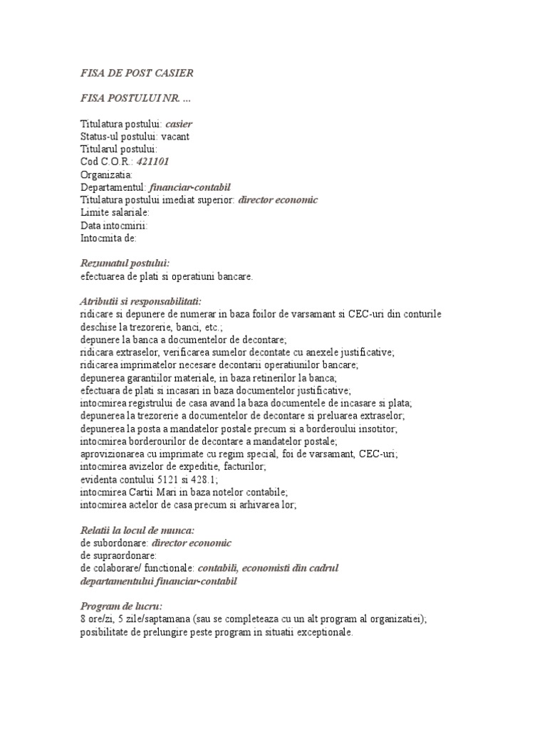 Fisa de Post Casier | PDF