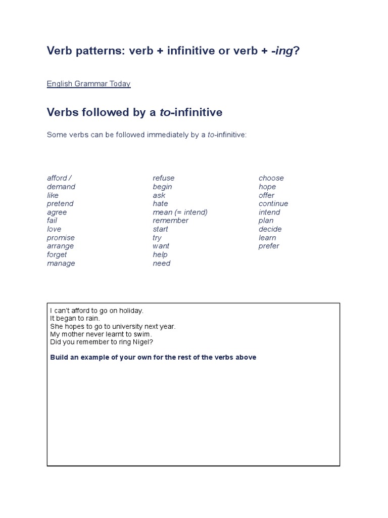 Verb Patterns: Verb + Infinitive or Verb + - Ing?: English Grammar ...
