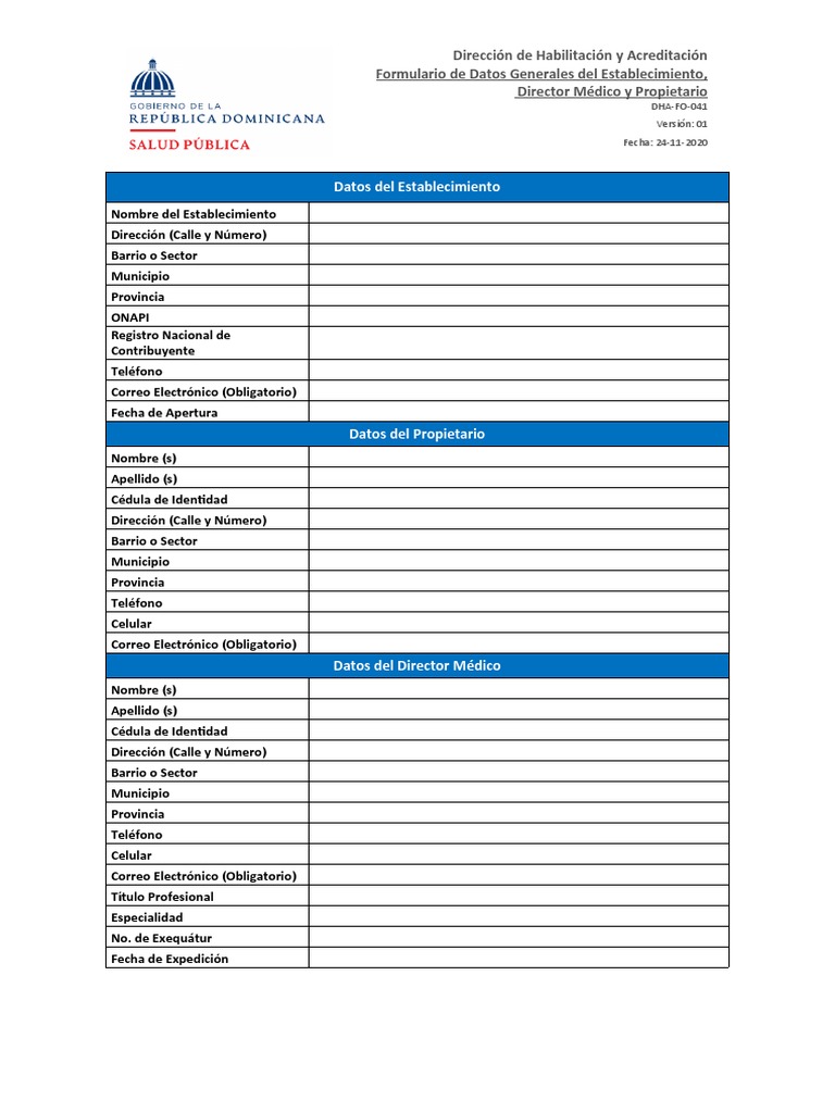 DHA FO 041 Formulario Datos Generales Del Establecimiento Director Médico y Propietario | PDF ...