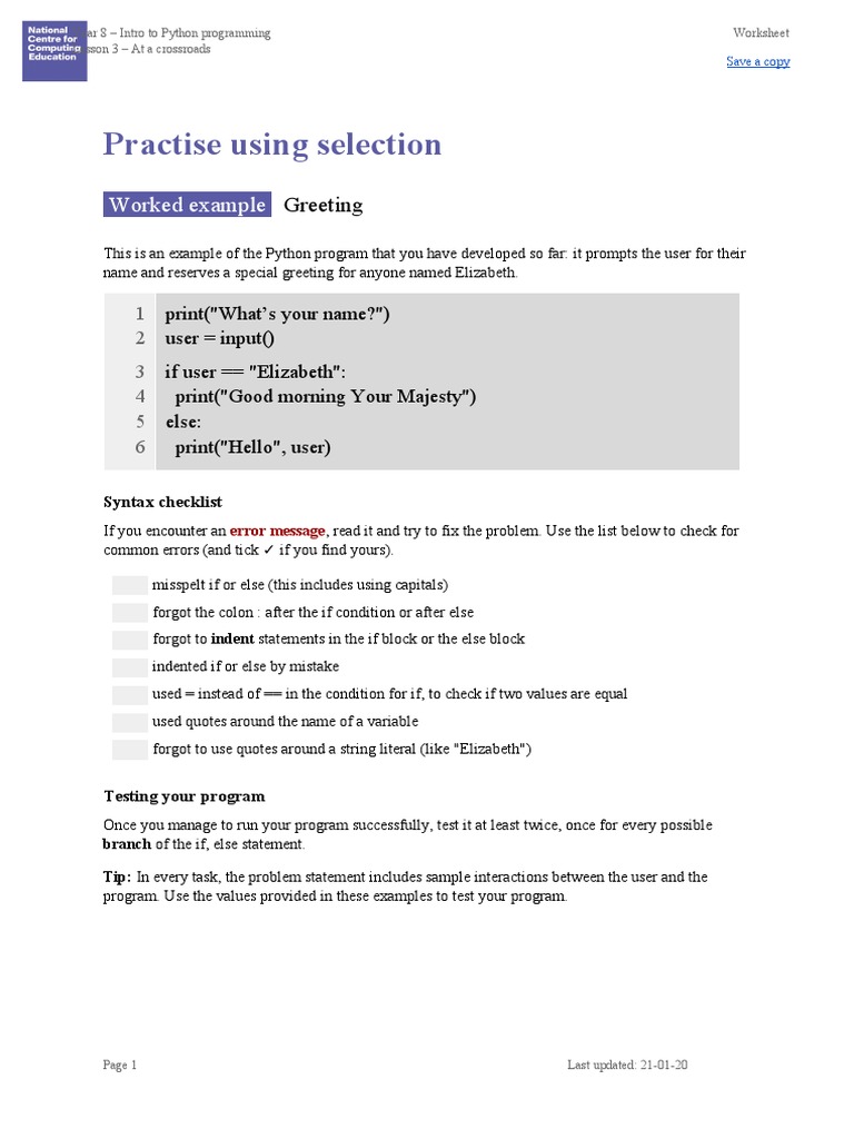A2 Worksheet - Practise Using Selection | PDF | Python (Programming ...