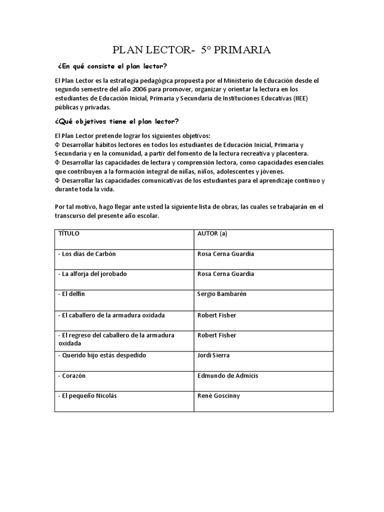 Plan Lector 5° Primaria | PDF