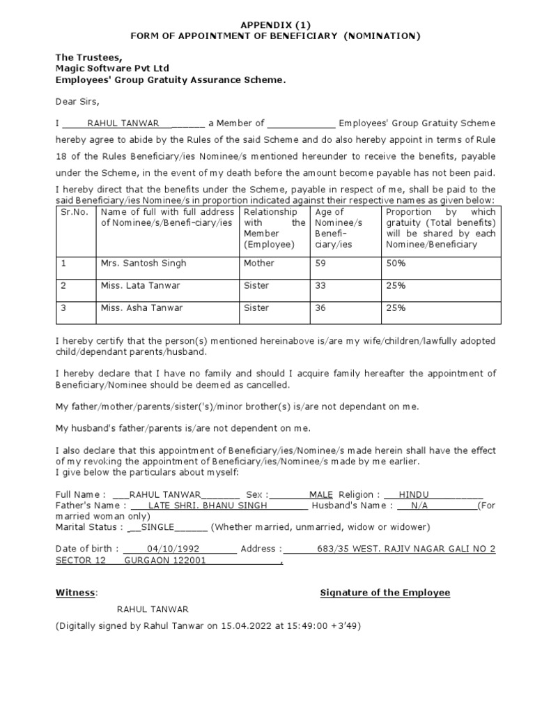 Gratuity Beneficiary Nomination Form | PDF | Marriage | Marriage ...