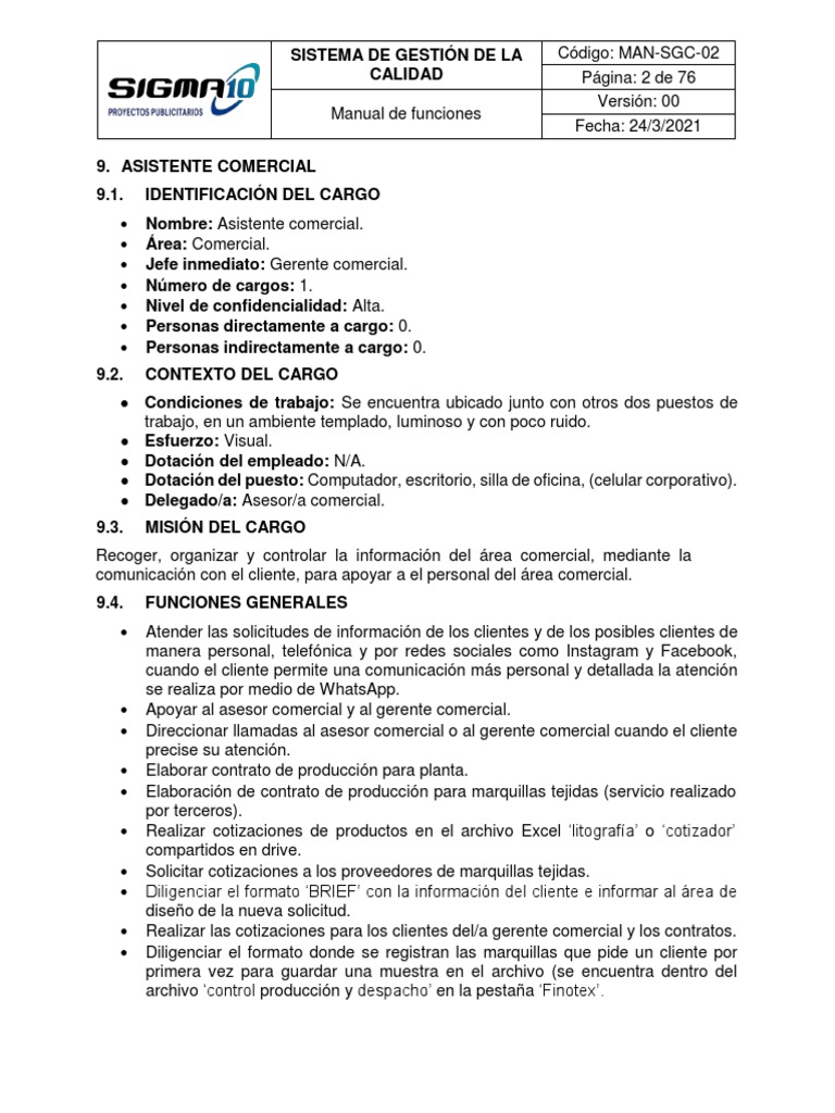 Funciones del Asistente Comercial | PDF | Calidad (comercial) | Gestión ...