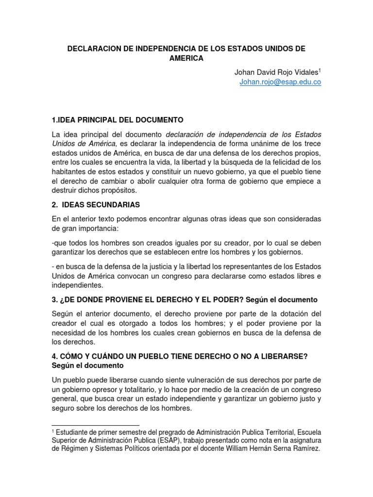 Hoja De Trabajo Sobre La Declaración De Independencia Una Breve
