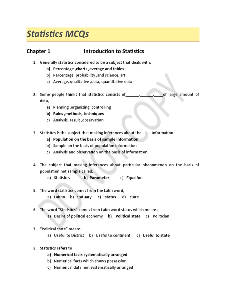 Statistics MCQs | PDF | Level Of Measurement | Mean