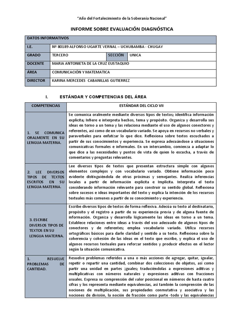 Informe Evaluacion Diagnostica Tercer Grado | PDF | Números | Aprendizaje