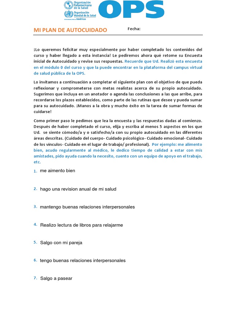 Mi Plan de Autocuidado | PDF