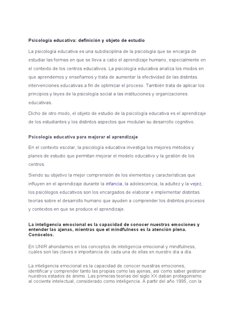 Psicología Educativa - Definición y Objeto de Estudio | PDF | Sicología | Psicología Educacional