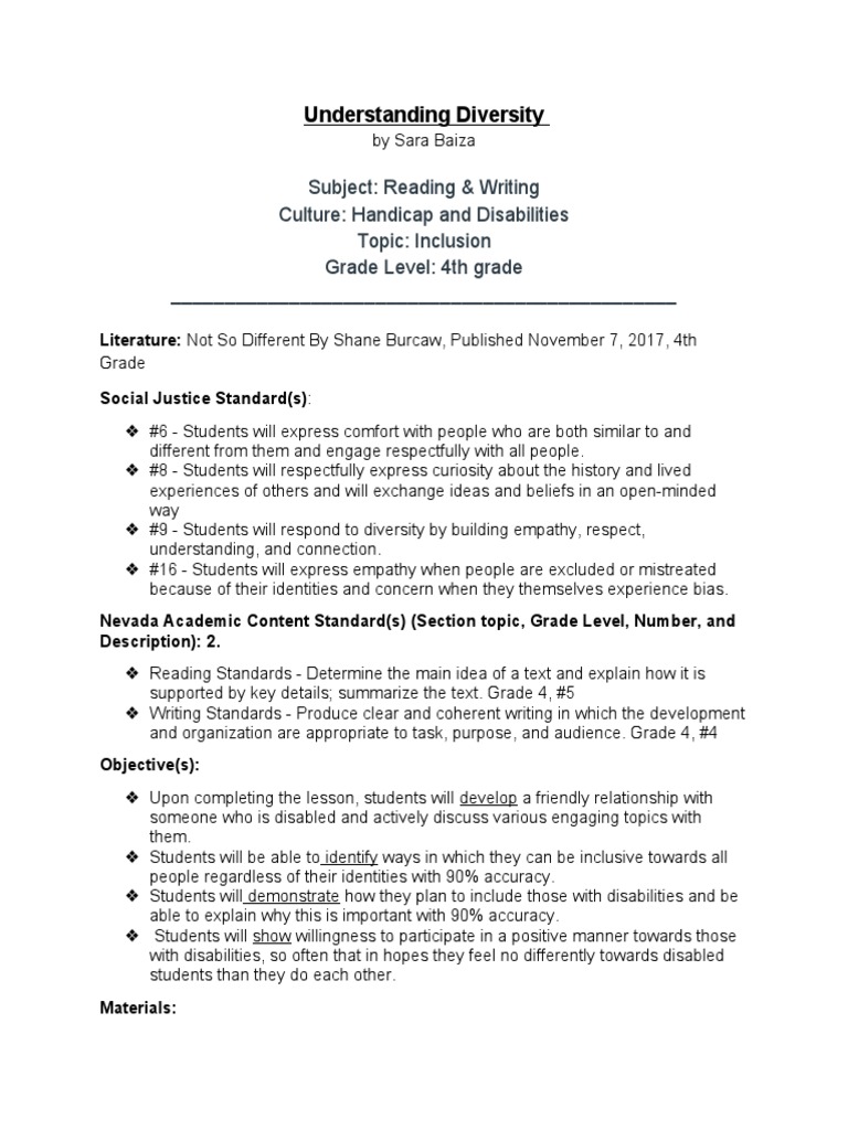 Understanding Diversity Lesson Plan 2 | PDF | Disability | Empathy