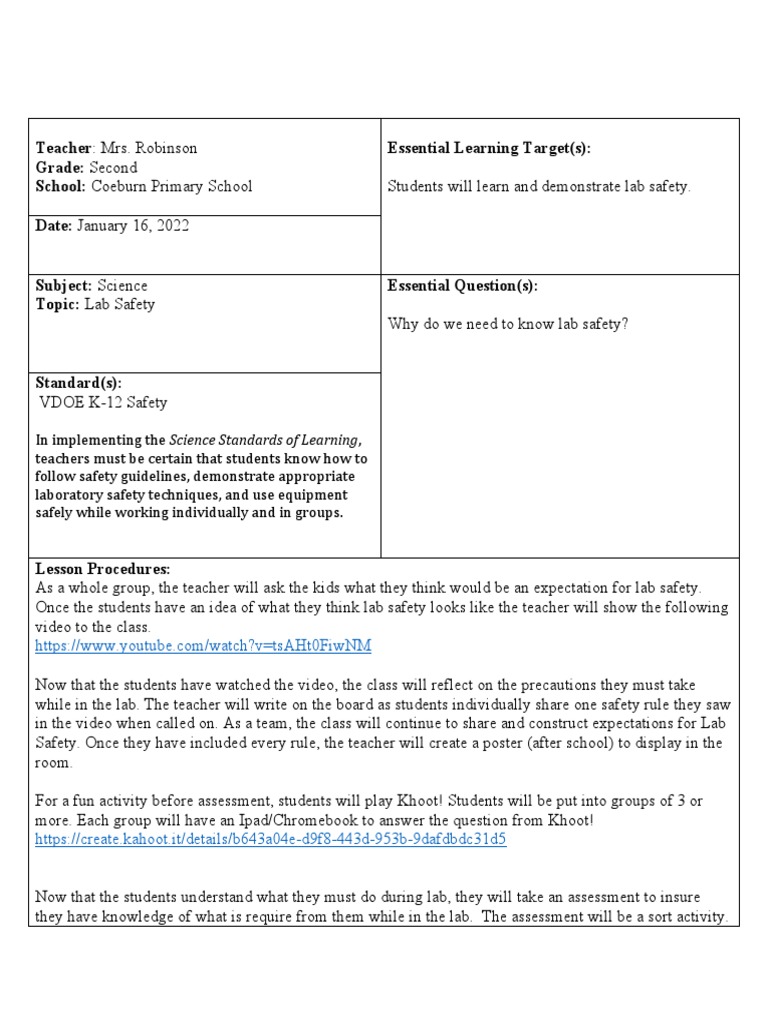 Second Grade Lab Safety Lesson Plan | PDF | Teachers | Laboratories