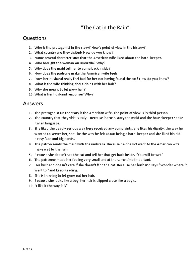 "The Cat in The Rain" Questions | PDF | Ernest Hemingway