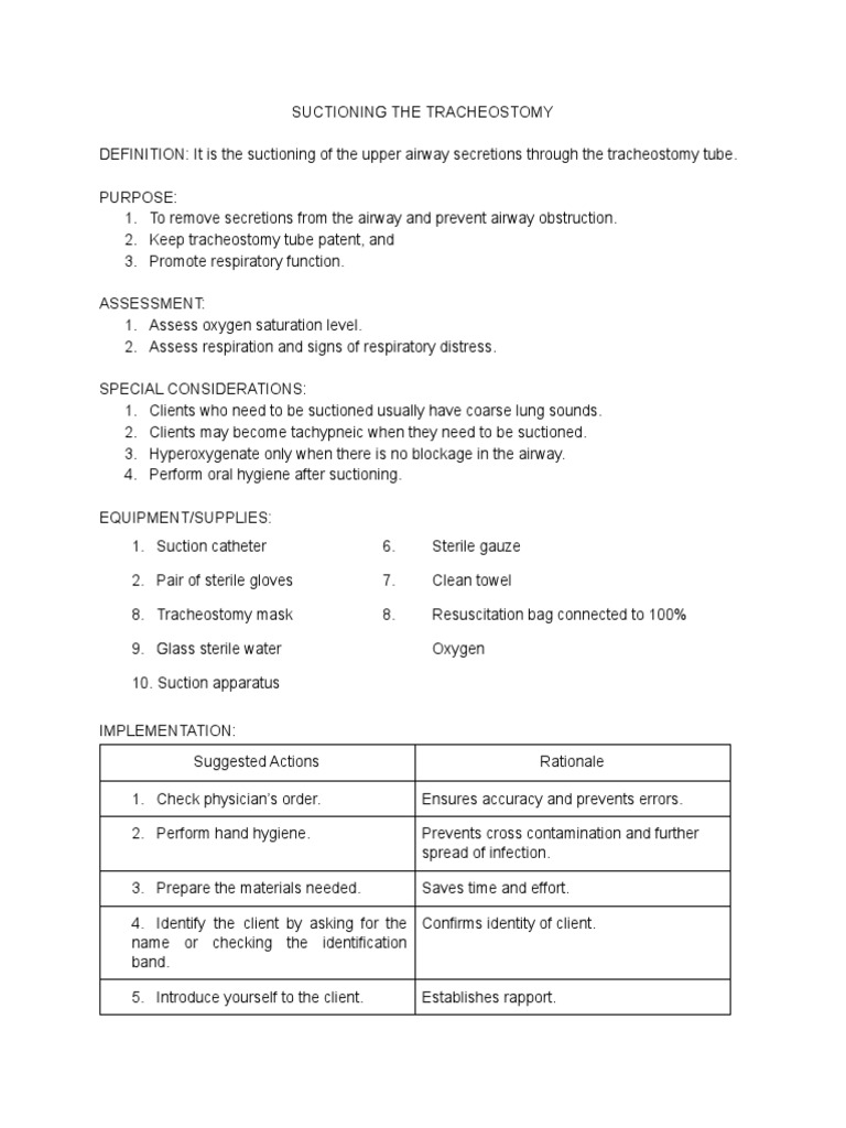 Tracheostomy Suctioning Procedure Guide | PDF | Respiratory Tract ...
