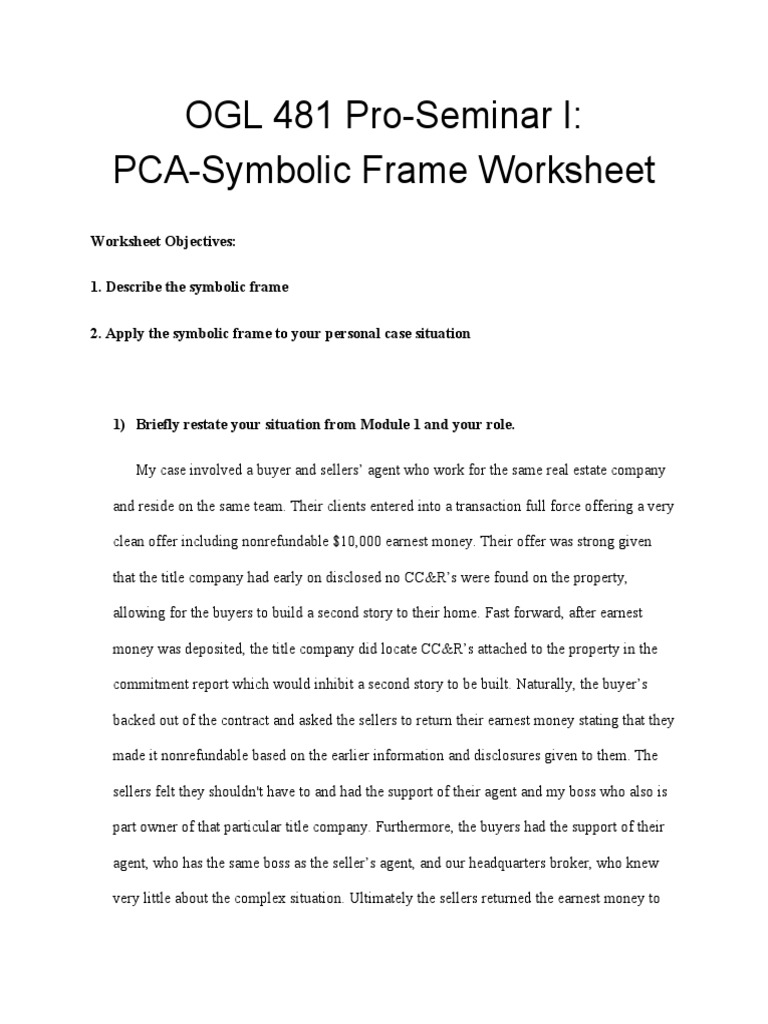 OGL 481 Pro-Seminar I: PCA-Symbolic Frame Worksheet | PDF | Business | Law