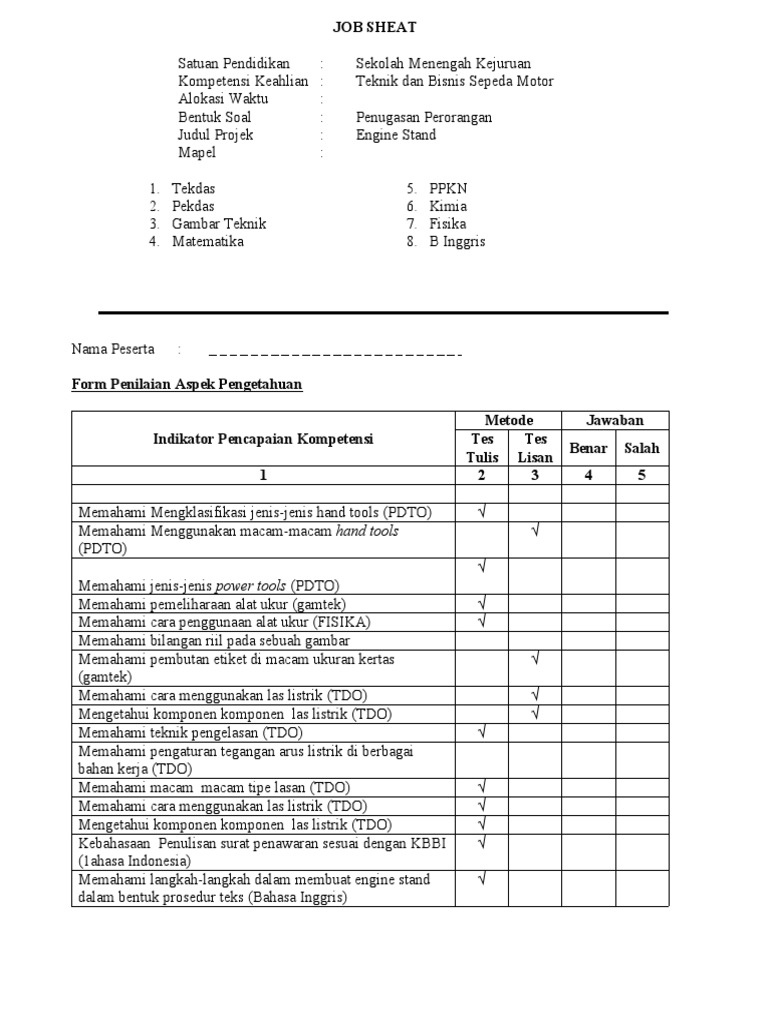 JOB SHEAT KLS X TBSM (Contoh) | PDF