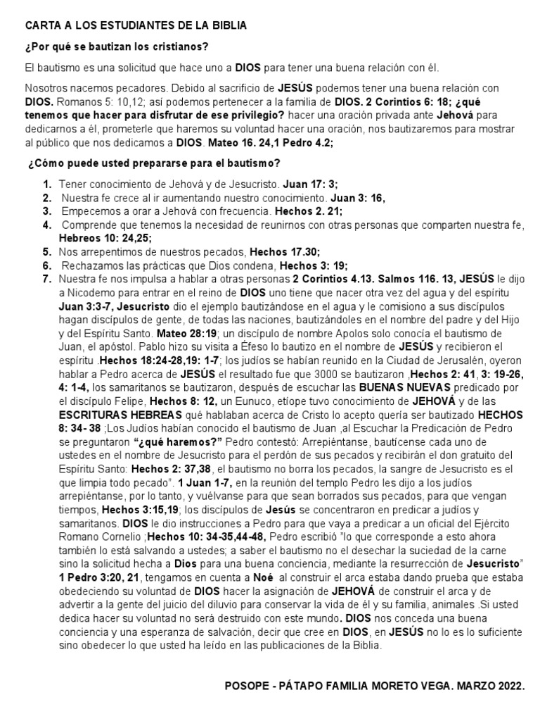 Carta A Los Estudiantes de La Biblia | PDF | Jesús | Bautismo