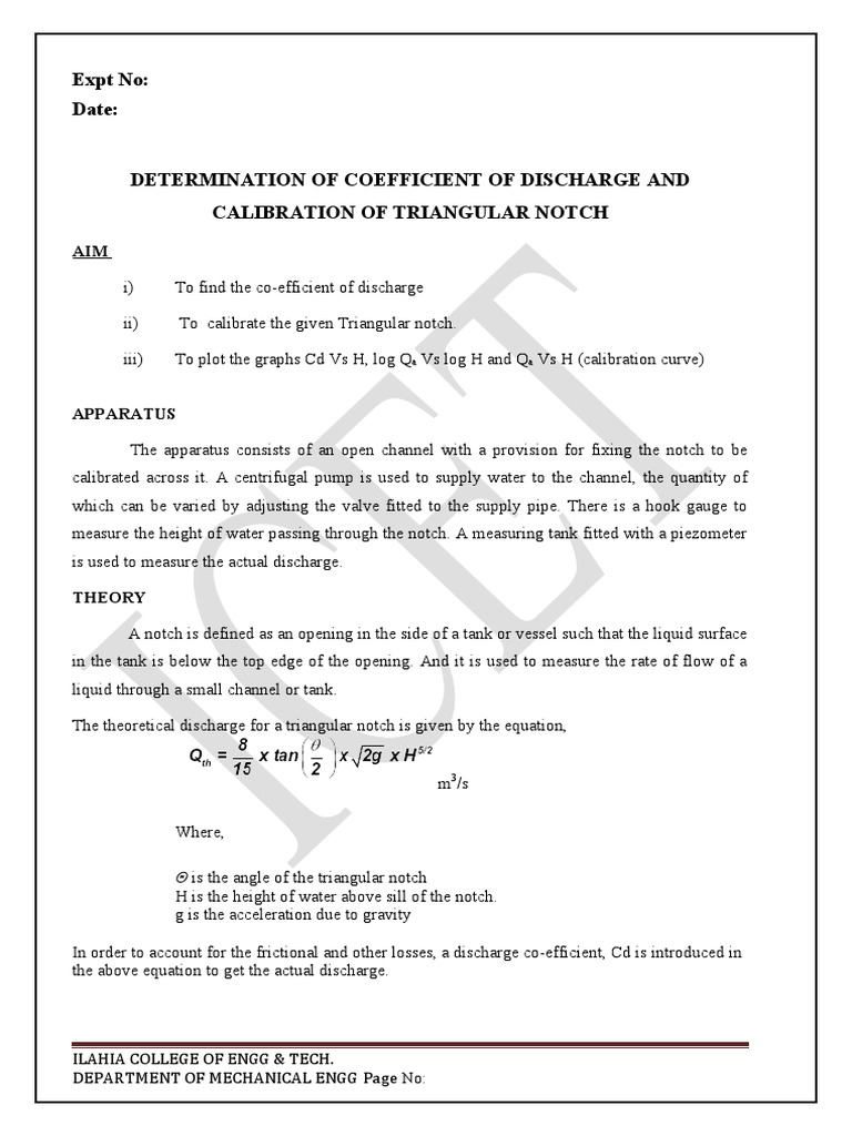 5 Calibration of Triangular Notch | PDF | Discharge (Hydrology) | Pump