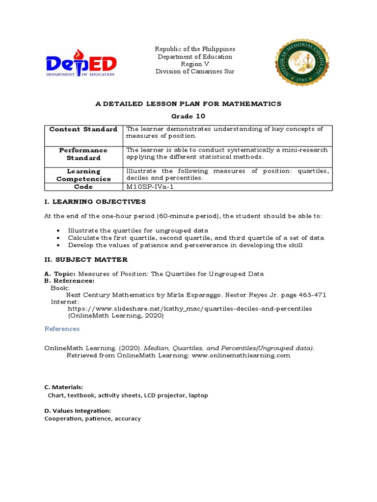Quartile For Ungrouped Data Detailed Lesson Plan | PDF | Quartile ...