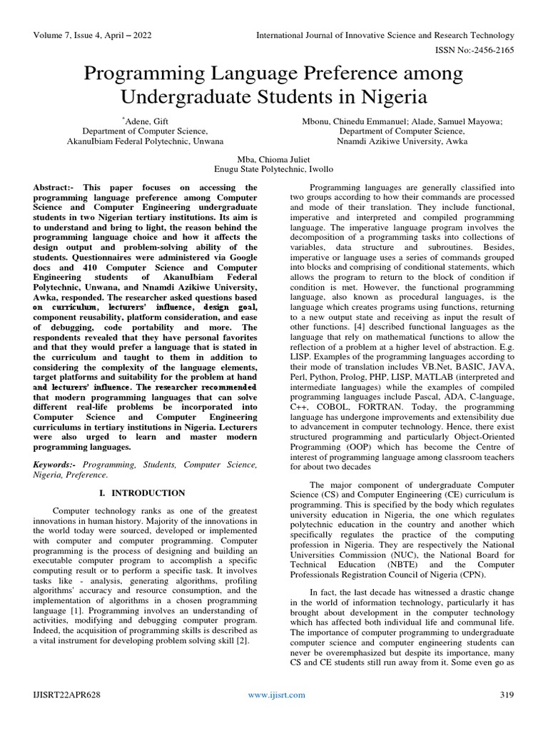 Programming Language Preference Among Undergraduate Students in Nigeria ...