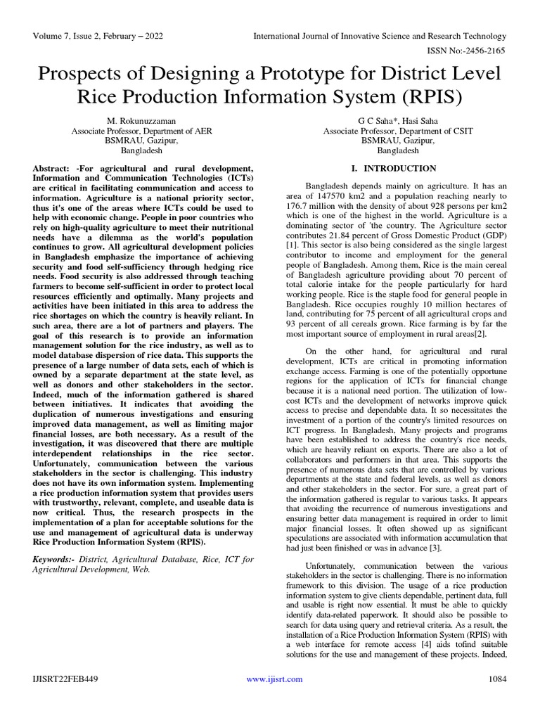 Prospects of Designing A Prototype For District Level Rice Production ...