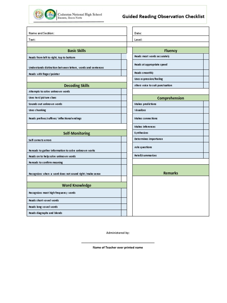 Guided Reading Observation Checklist | PDF | Linguistics | Cognition