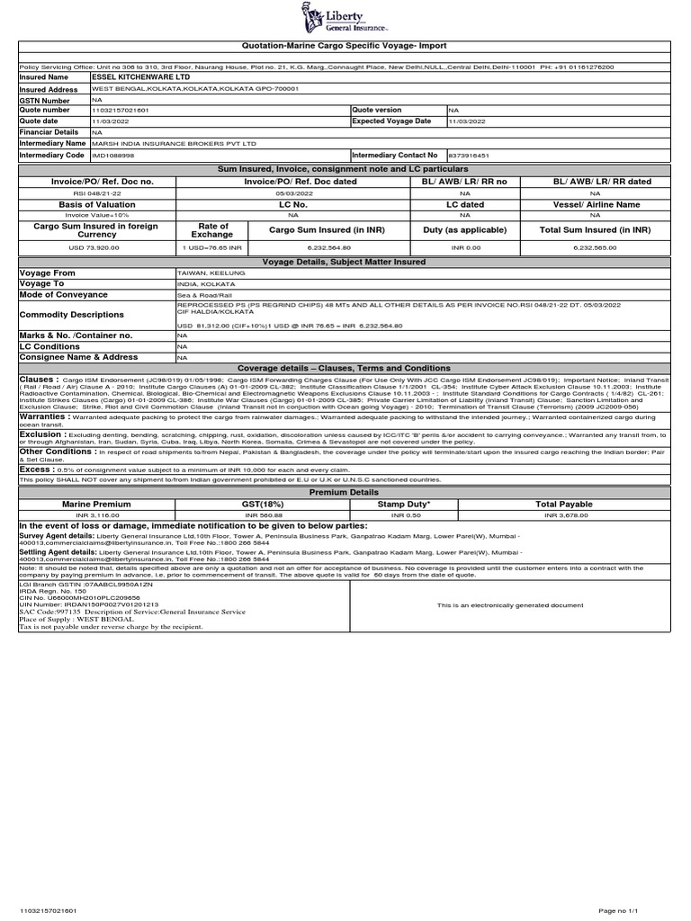Marine Cargo Insurance Quotation | PDF | Cargo | Insurance