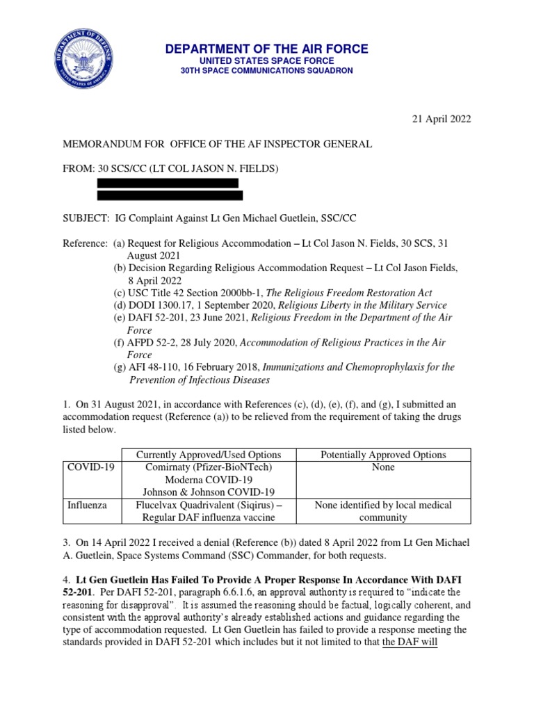 Fields, J - Air Force IG Complaint - 2022 - 04 - Redacted | PDF