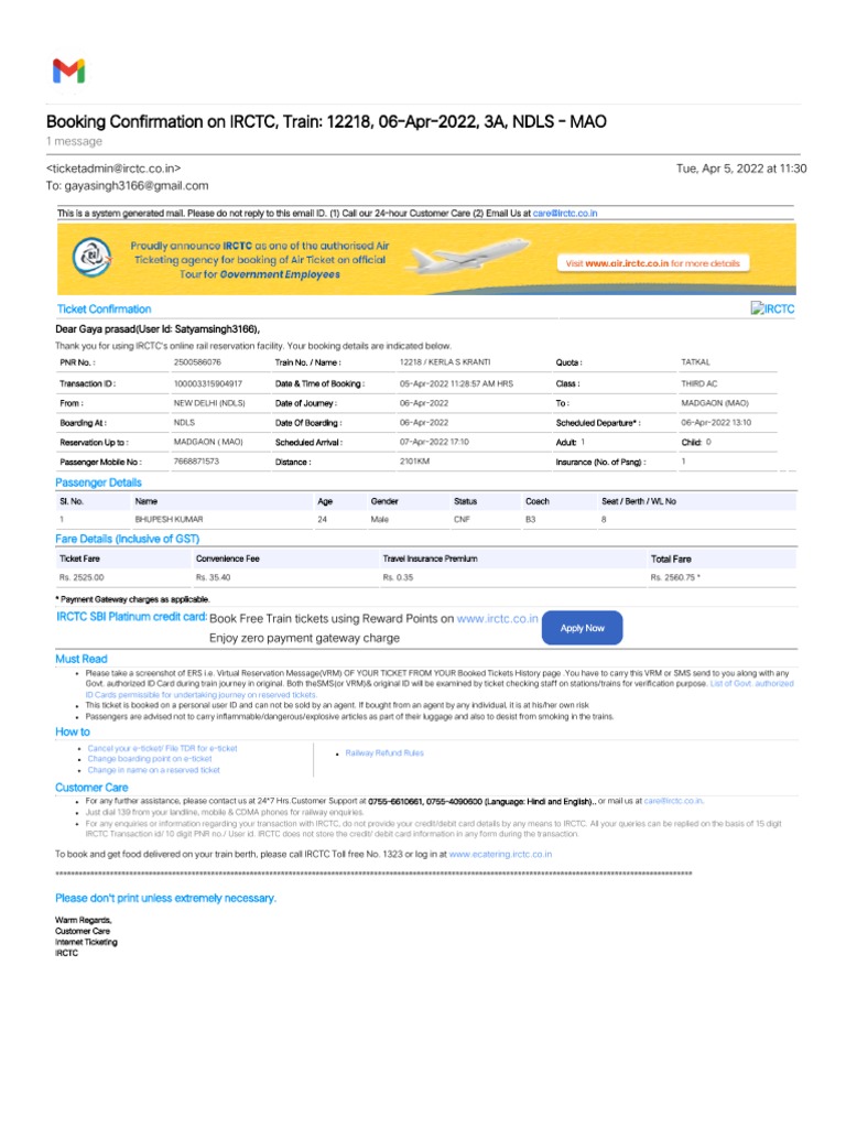 Booking Confirmation On IRCTC, Train: 12218, 06-Apr-2022, 3A, NDLS ...