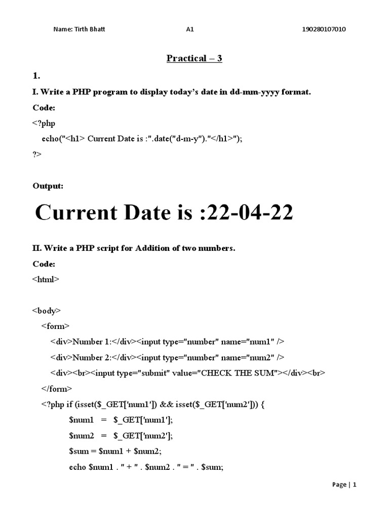 Practical - 3 1.: I. Write A PHP Program To Display Today's Date in Dd-Mm-Yyyy Format. Code ...