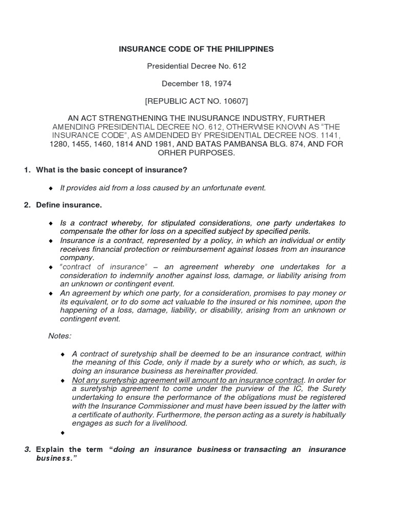 Insurance Code of The Philippines: Compensate The Other For Loss On A ...