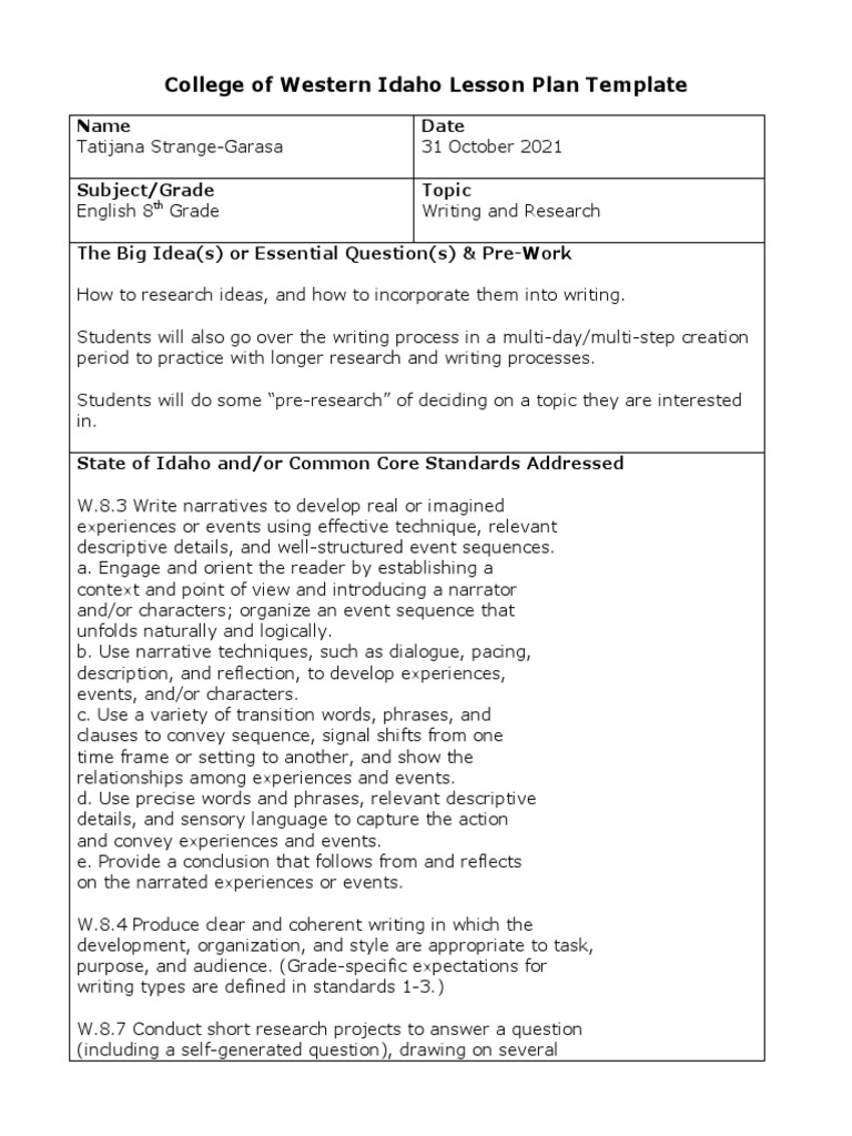 College of Western Idaho Lesson Plan Template | Download Free PDF ...