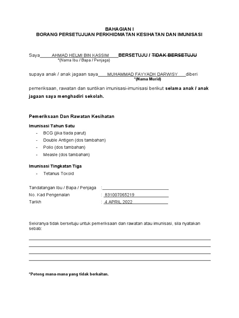 Borang Persetujuan Perkhidmatan Kesihatan Dan ImunAS | PDF