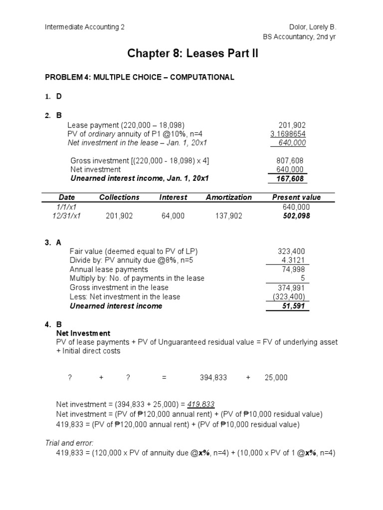 Chapter 8: Leases Part II: Problem 4: Multiple Choice - Computational 1. D 2. B | PDF | Present ...