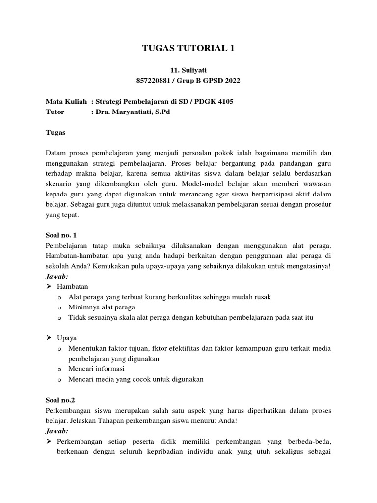 TUGAS TUTORIAL 1 Strategi Pembelajaran Di SD | PDF