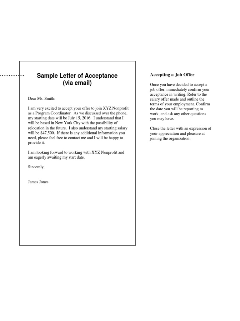 Sample Letter of Acceptance (Via Email) : Accepting A Job Offer | PDF ...