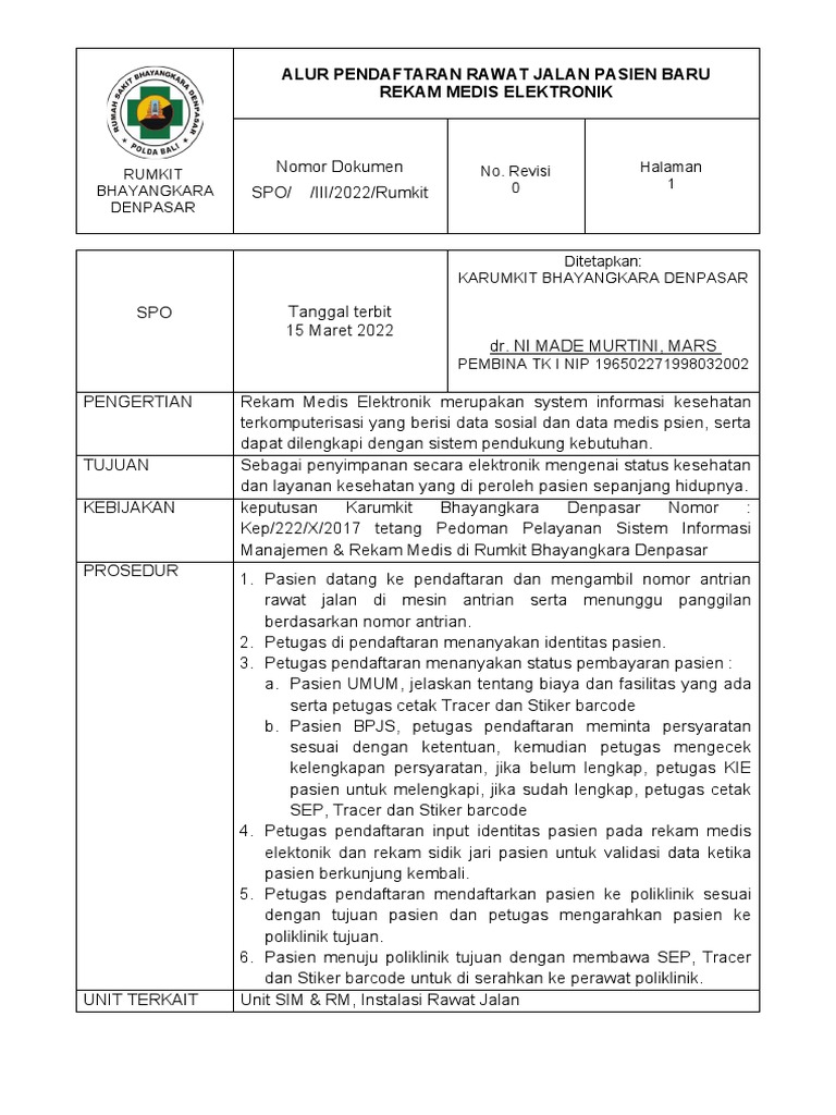 Sop Alur Pendaftaran Rawat Jalan Pasien Baru Rekam Medis Elektronik | PDF