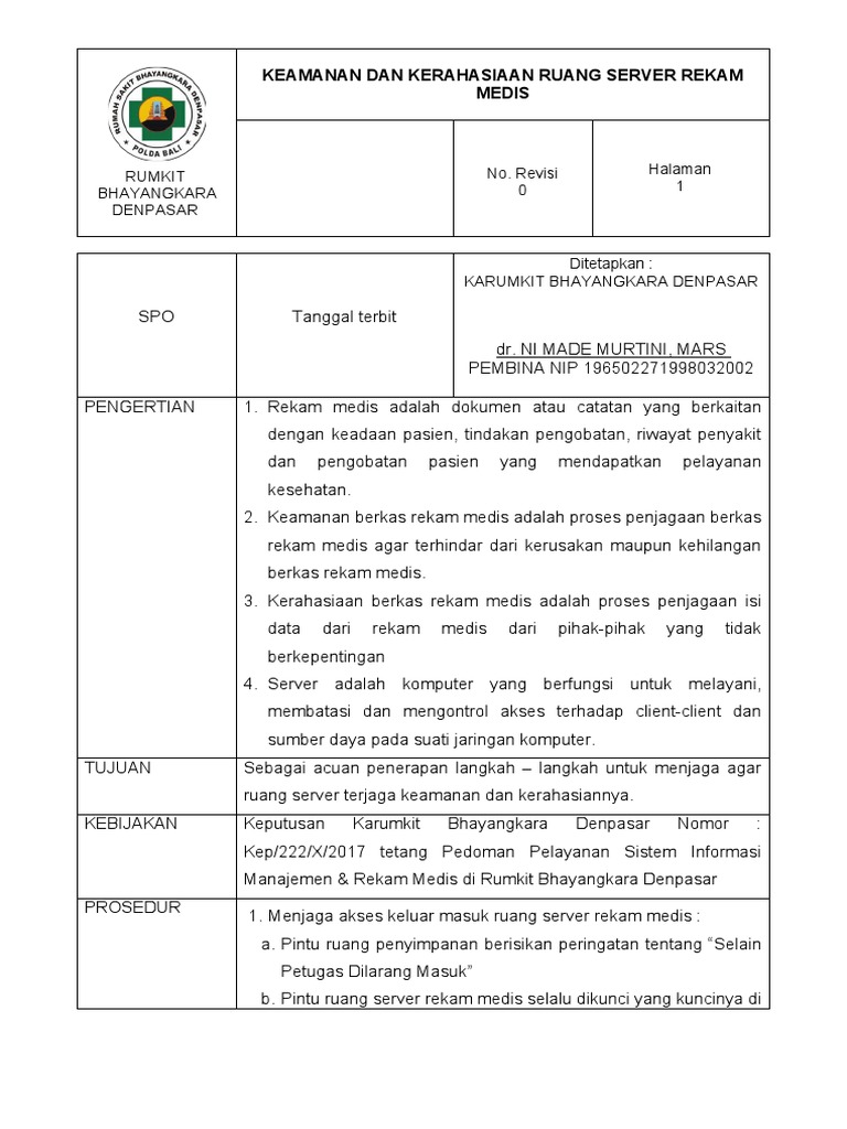 Sop Keamanan Dan Kerahasiaan Ruang Server Rekam Medis | PDF