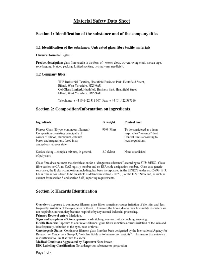 COSHH Sheet for Woven Glass Fibre | PDF | Fiberglass | Glasses