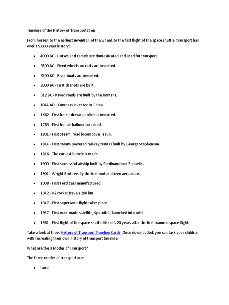 Timeline of The History of Transportation | PDF | Human Spaceflight ...