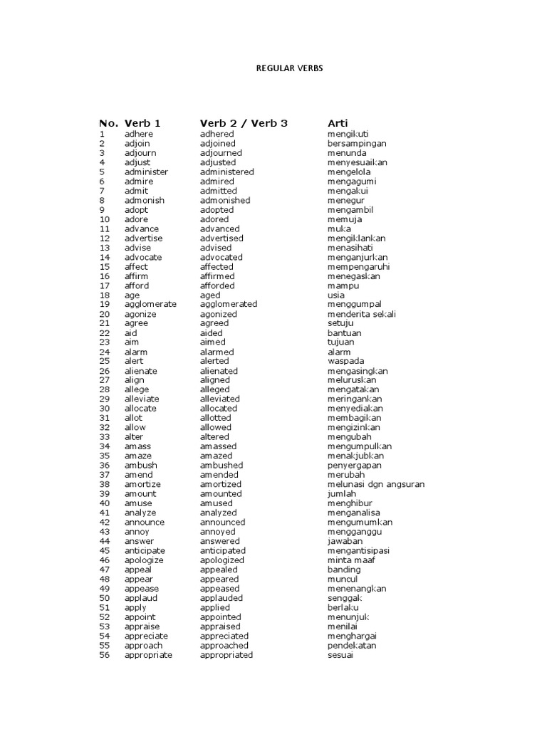 No. Verb 1 Verb 2 / Verb 3 Arti: Regular Verbs | PDF