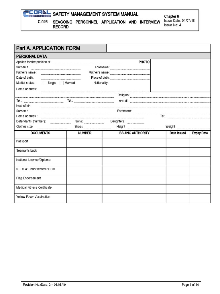 Part A. Application Form: Safety Management System Manual | PDF ...