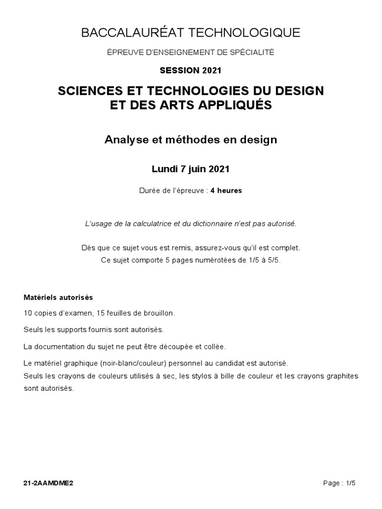 Sujet Bac STD2A Analyse Et Methode en Design 2021 | PDF | Lyon