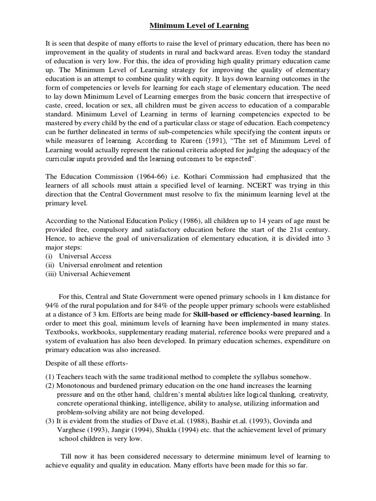Minimum Level of Learning | PDF | Curriculum | Learning