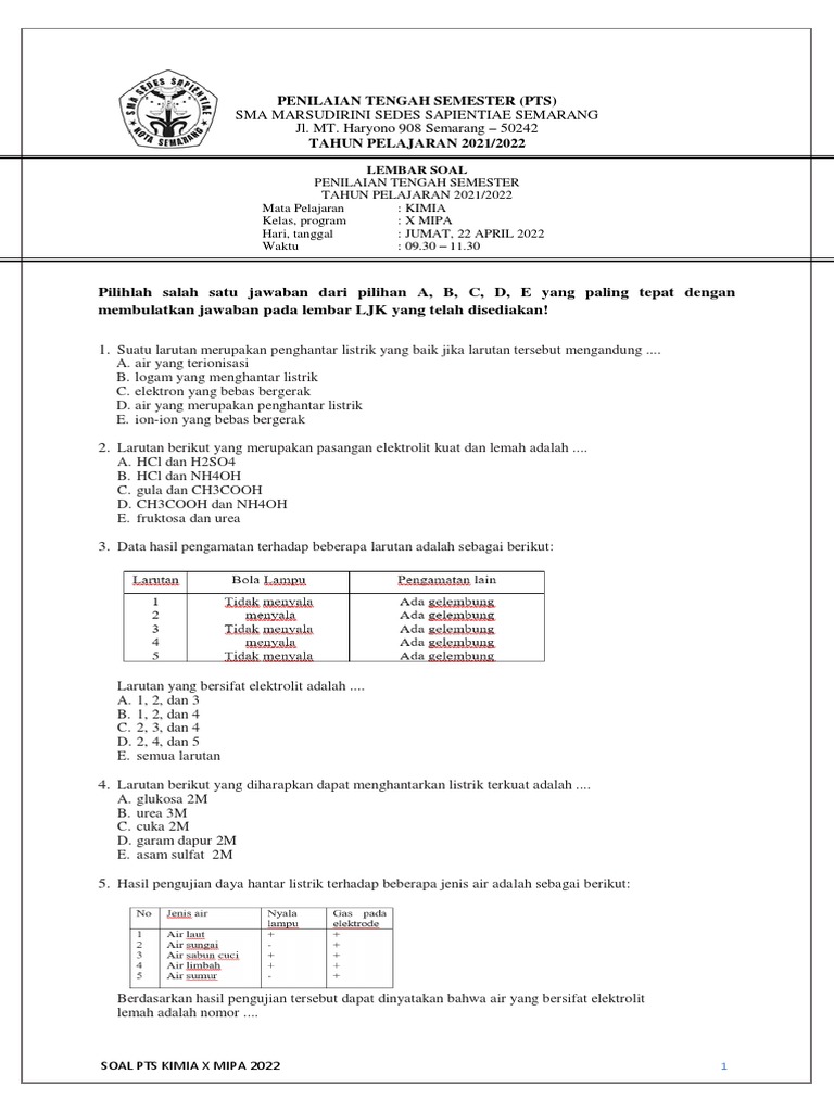 Soal PTS Kimia Kelas X Terbaru | PDF