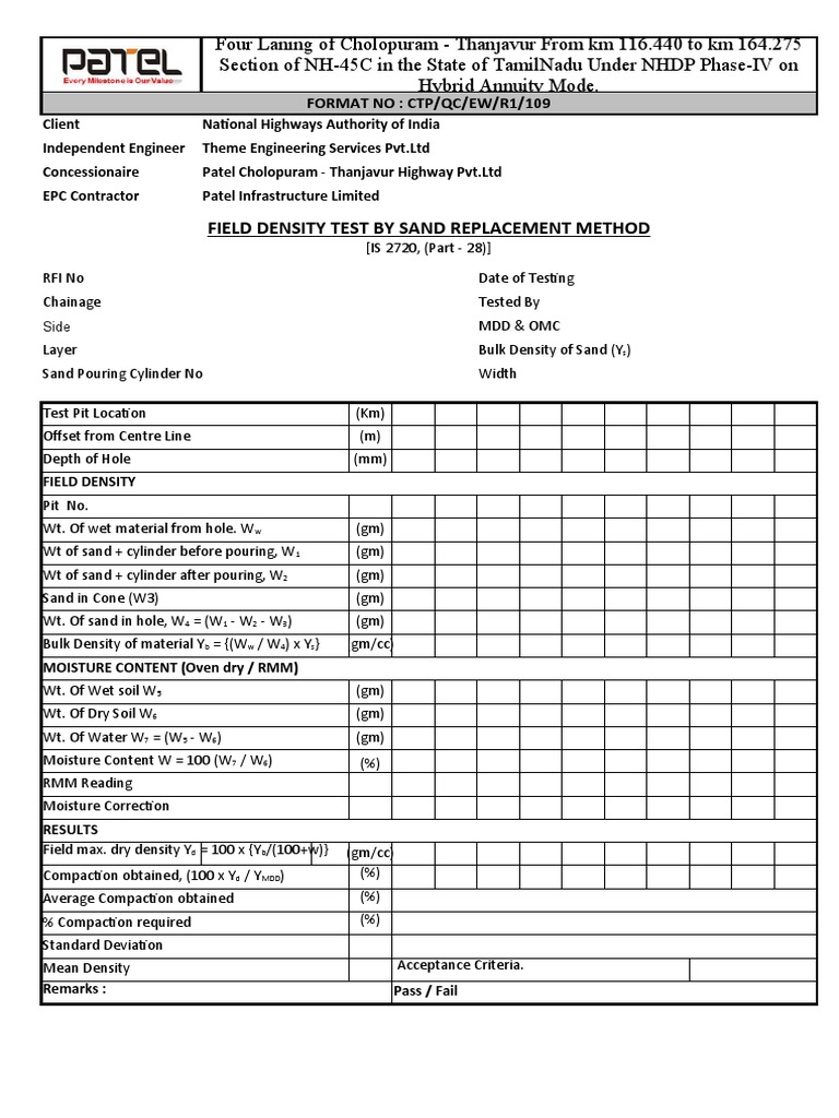 Field Density Test by Sand Replacement Method | Download Free PDF ...