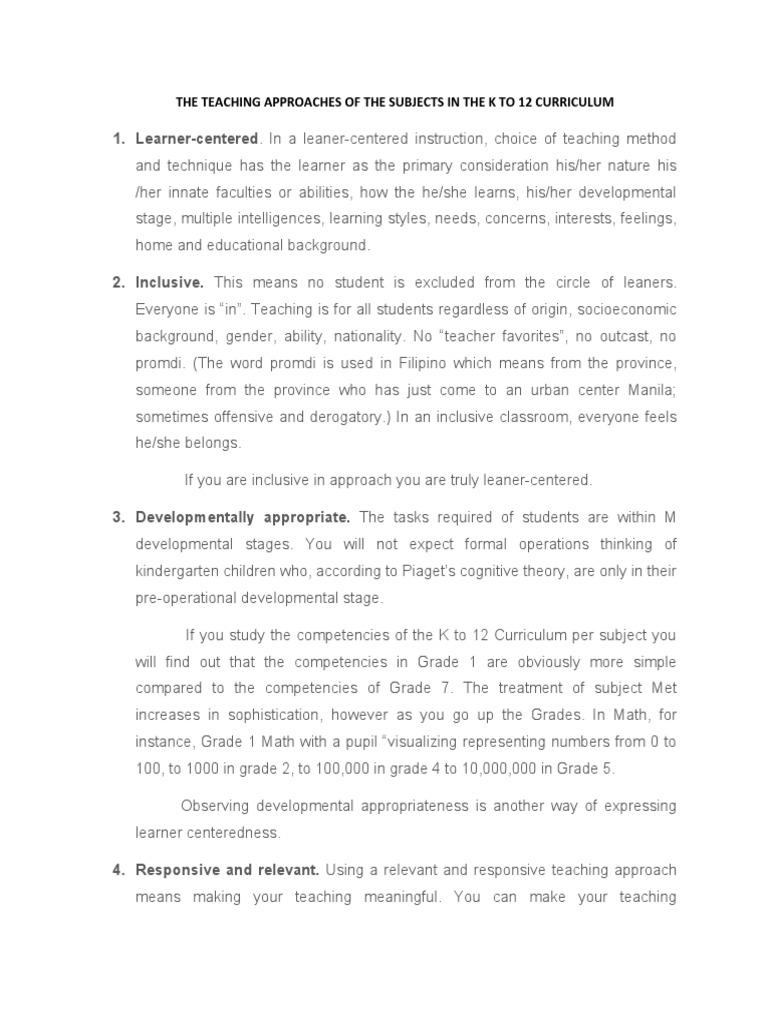 The Teaching Approaches of The Subjects in The K To 12 Curriculum | PDF ...