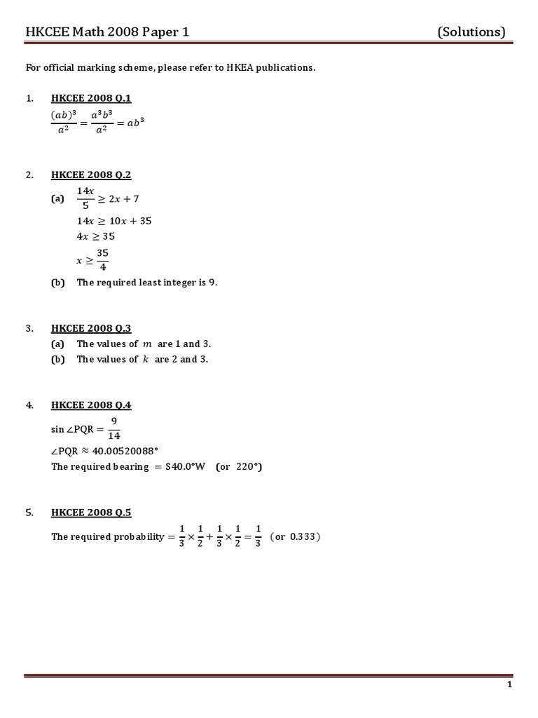 Hkcee Math 2008 Paper1 Solution | PDF | Mathematics | Elementary ...